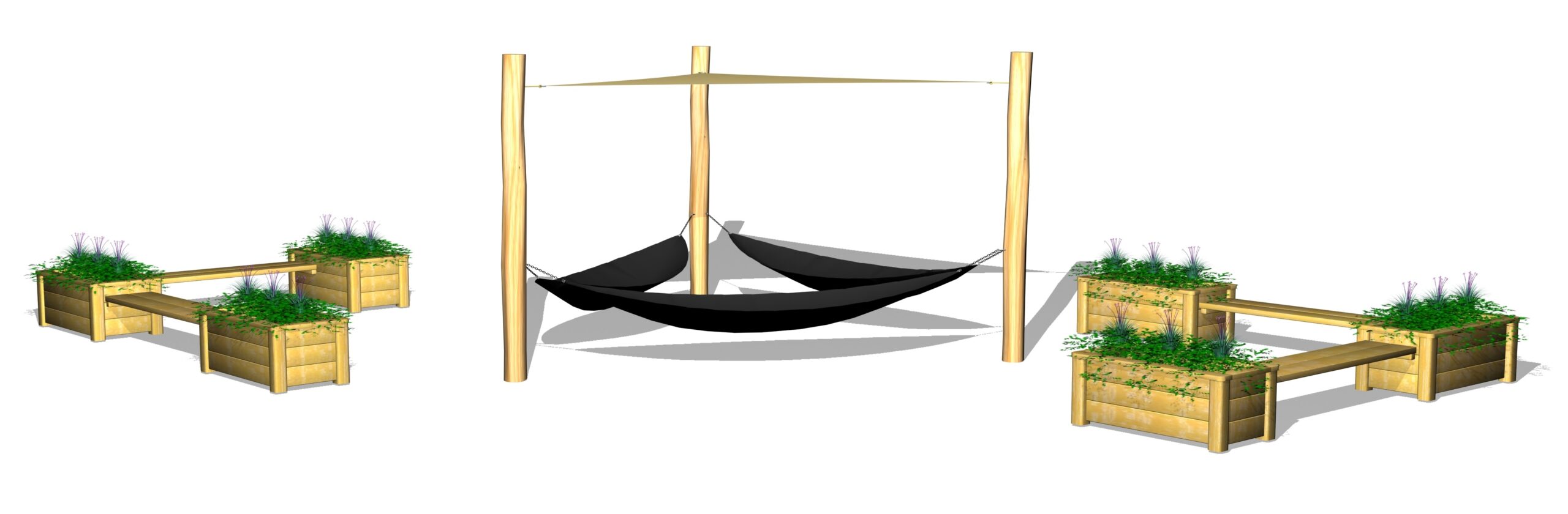 Hammock system, with flower boxes and benches - Guldborg Playgrounds